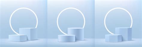 현대 웹 사이트에 제품에 대한 추상 큐브 라운드 및 육각 형 디스플레이세트 연단과 최소한의 텍스처 벽 장면으로 배경 렌더링 3d 렌더링 기하학적 모양 밝은 파란색 강단에