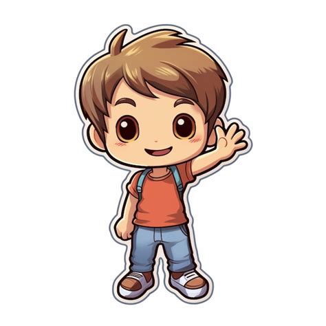 Niño de dibujos animados agitando su mano sobre un fondo blanco