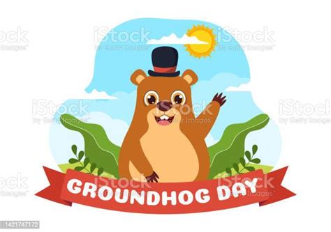 2 월 2 일 귀여운 Marmot 캐릭터와 정원 배경 템플릿 손으로 그린 만화 플랫 일러스트레이션과 함께 해피 그라운드 호그