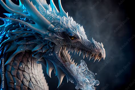 Ice Dragon Head In Frozen Lands Fantasy Art Generative AI Stock