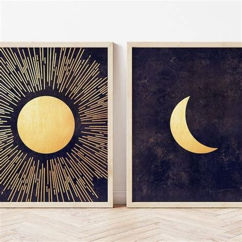 Sun And Moon Art Set Of 2 Prints Mid Century Sun And Moon Boho Print