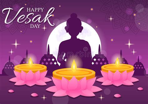 Vesak Day Celebration Vector Illustration With Temple Silhouette Lotus
