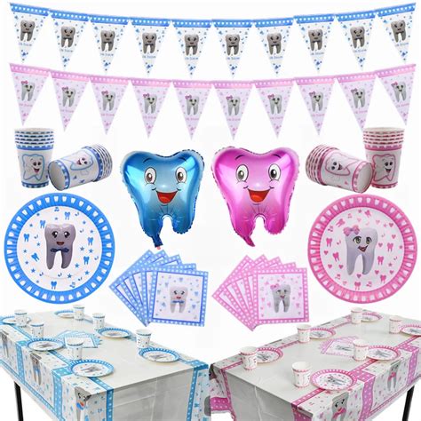 Детские вечерние одноразовые вечерние тарелки с изображением первого зуба розовые и синие