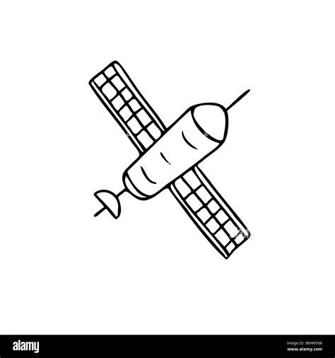 Flying Satellite With Deployed Solar Panels Stylized Monochrome Vector Illustration Spacecraft