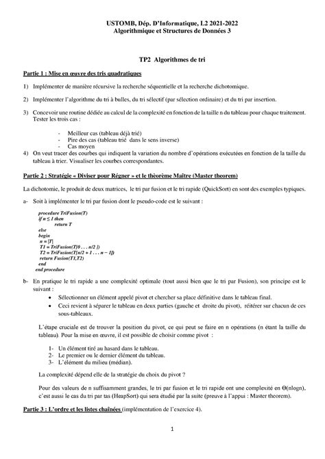 Tp2 Algorithmes De Tri Ustomb Dép Dinformatique L2 2021