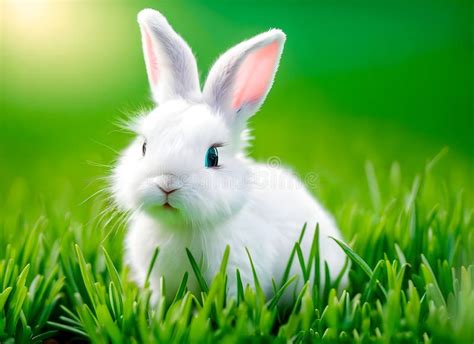 A Cute Little White Rabbit On The Green Grass Stock Illustration