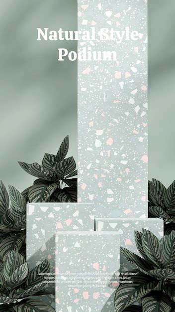 Пустой макет зеленый терраццо подиум в портрете калатея розовая полоса лист 3d изображение