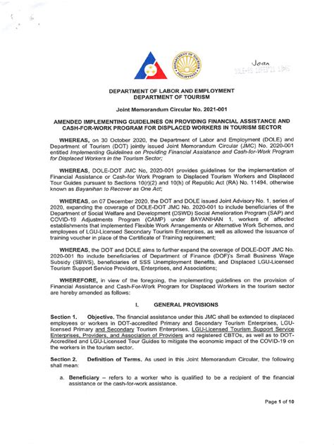 Dole Dot Joint Memorandum Circular No 2021 001 Amended Implementing