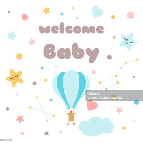 兒童海報 文本 歡迎 嬰兒 可愛的 氣球 明星 天空 嬰兒 淋浴 範本 向量插圖向量圖形及更多bb房圖片 Bb房 Quotation