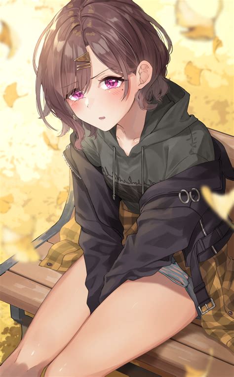 Safebooru 1girl Bare Legs Bench Blush Brown Hair Hair Ornament