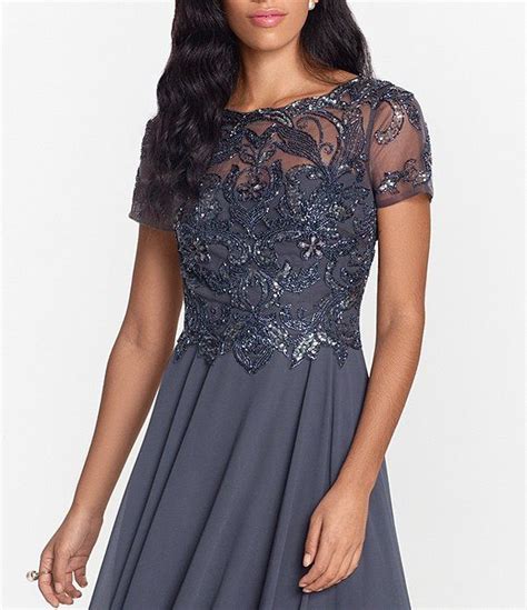 Xscape Beaded Bodice Round Neck Short Illusion Sleeve Chiffon Gown