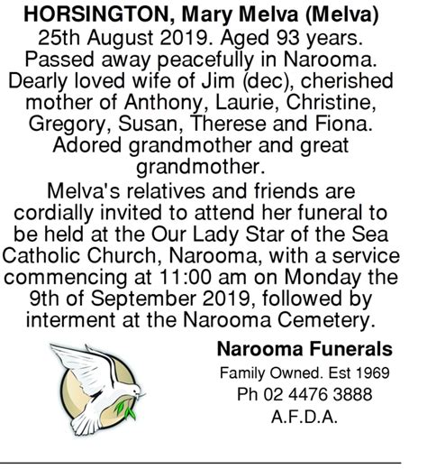 Horsington Mary Melva Melva Tributes And Funerals Bay Post Moruya