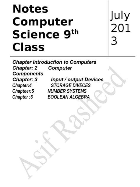 Notes On 9th Computer Science By Asif Rasheed Pdf Computer Data Storage Random Access Memory