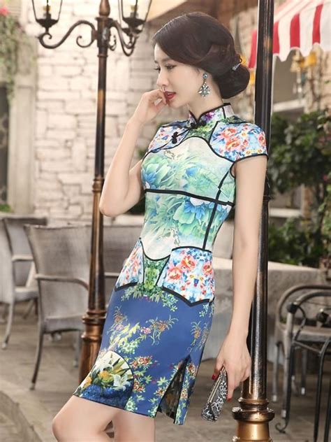 Blue Digital Print Split Side Short Cheongsam Xl Dress Clothes For