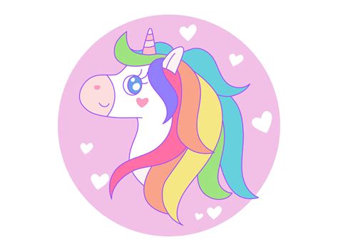 Head Of Cute Rainbow Unicorn On Pink Circle With Heart And White