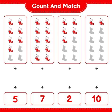 세어보고 일치하고 크리스마스 양말의 수를 세고 올바른 숫자와 일치시킵니다 교육 어린이 게임 인쇄용 워크시트 벡터 일러스트 레이 션 프리미엄 벡터