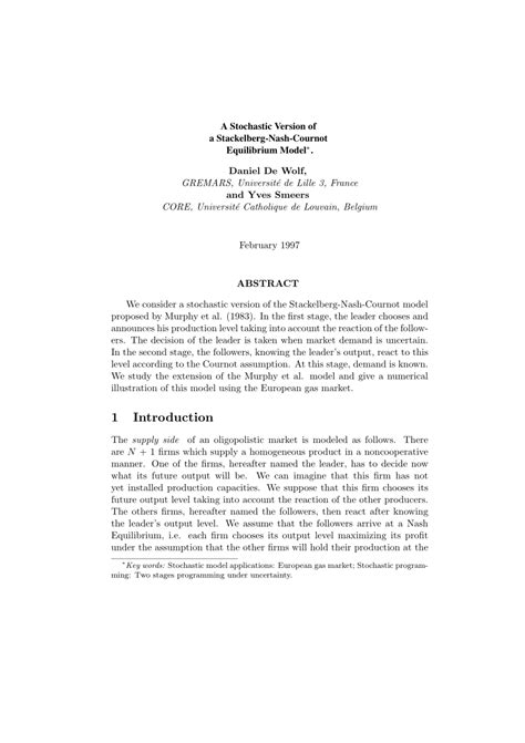 Pdf A Stochastic Version Of A Stackelberg Nash Cournot Equilibrium Model