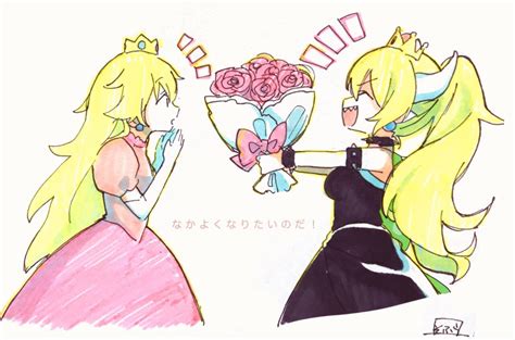 Safebooru 2girls D Bangs Black Dress Blonde Hair Bouquet Bowser