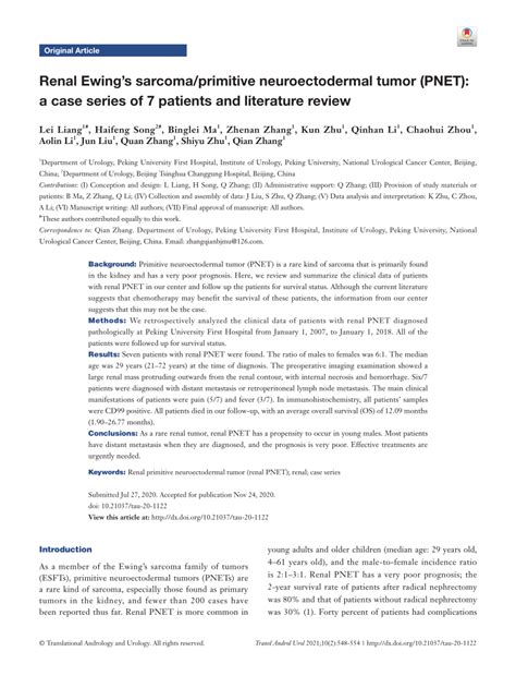 Pdf Renal Ewings Sarcoma Primitive Neuroectodermal Tumor Pnet A Case Series Of 7 Patients