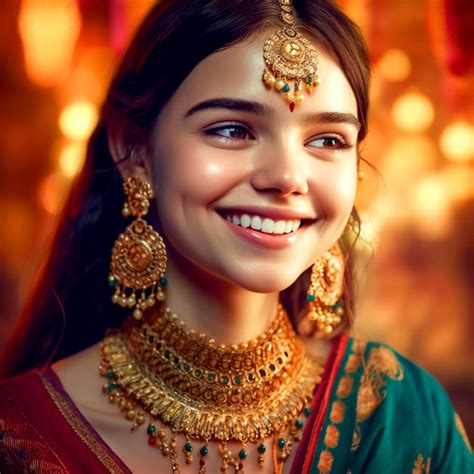 Una Linda Chica Con Un Sari Indio Y Joyas En Un Fondo Brillante Foto