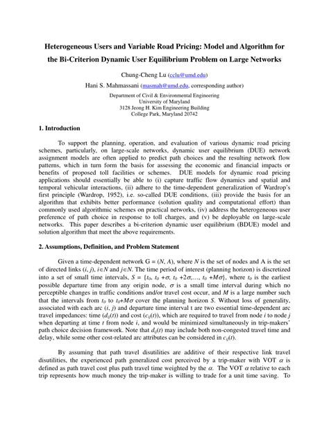 Pdf Heterogeneous Users And Variable Road Pricing Model And Algorithm For The Bi Criterion