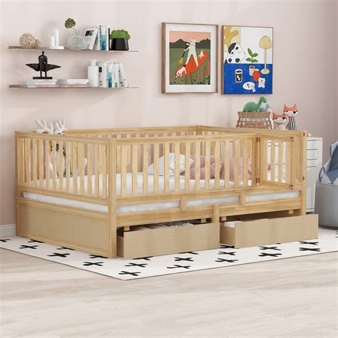 Natural Full Size Solid Wood Daybed With Fence Guardrails And 2 Drawer