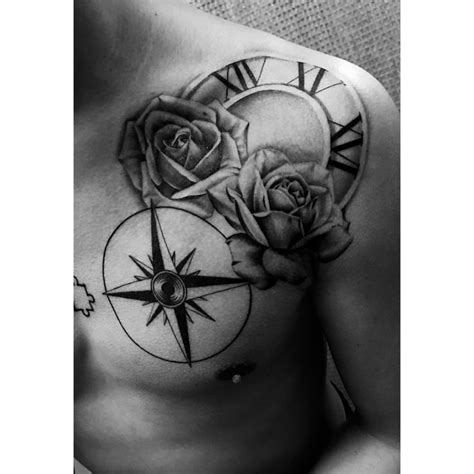 Tattoo Of Compass And Roses With Roman Numeral Years On Clock Design On