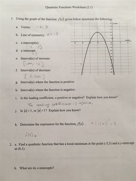 Solved Quadratic Functions Worksheet Using The Chegg
