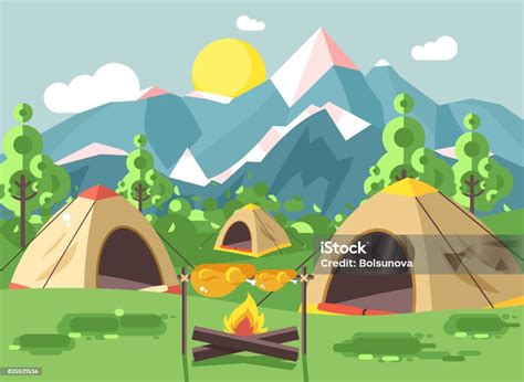 向量圖卡通自然國家公園景觀與三個帳篷與篝火開放火雞肉被油炸的露營遠足白天陽光明媚的日子室外背景的山平面樣式向量圖形及更多光線效果圖片 Istock