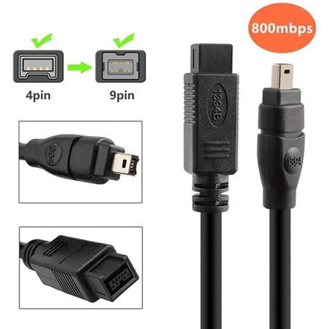 9 Pin To 4 Pin Bilingual Firewire 800 Firewire 400 Cable 1 8m Black
