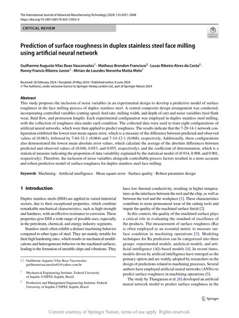 prediction of surface roughness in duplex stainless steel face milling