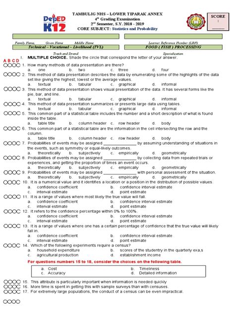 Stat And Prob 11 Exam 4th Final Pdf Sampling Statistics