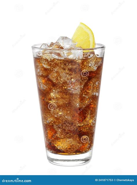 Glass Of Refreshing Soda Drink With Ice Cubes And Lemon Isolated On