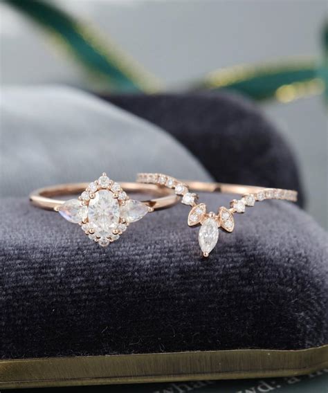 Moissanite Engagement Ring Set Rose Gold Oval Cut Unique Halo Diamond