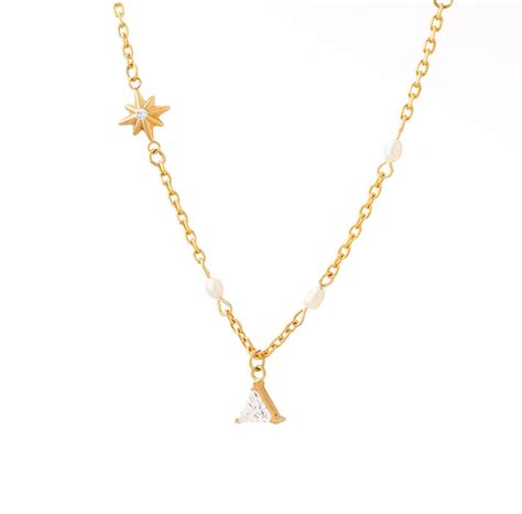 Triangle Gem Pearl Necklace See Sea