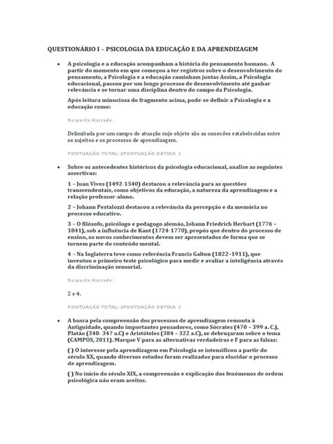 Questionário I Psicologia Da Educação E Da Aprendizagem Download