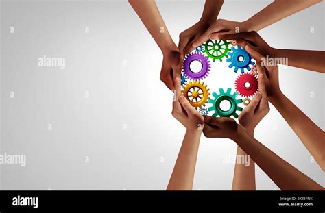 Working Business Unity And Work Diversity Partnership As Hands And Gears Or Cog Wheels Connected