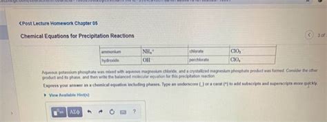 Solved Post Lecture Homework Chapter Chemical Equations For