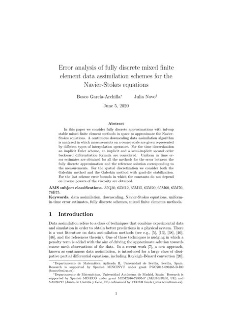 Pdf Error Analysis Of Fully Discrete Mixed Finite Element Data Assimilation Schemes For The
