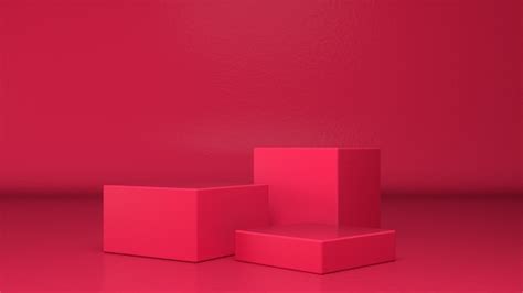 세 개의 빈 스탠드와 추상적인 빨간색 광택 기하학 배경 연단 받침대 화장품 프리젠테이션을 위한 플랫폼 쇼케이스 미니멀리스트 모형