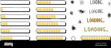 Pixel Art Loading Bar Interface 8 Bit Game Progress Button Elements Set And Text Waiting Signs