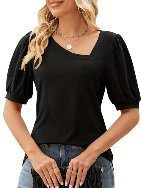 Solid Asymmetrical Neck Simple T Shirt Casual Short Sleeve T Temu Canada