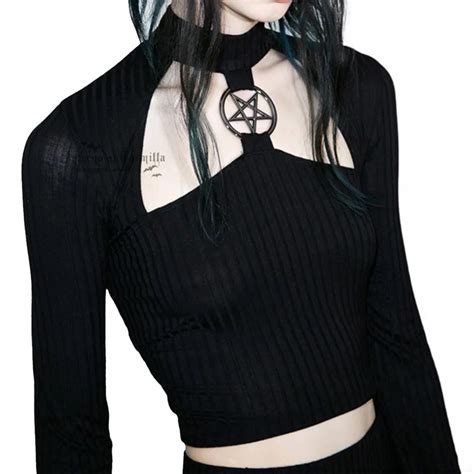 Buy Rosetic Gothic Short Top Slim Black Hollow Pentagram Tops Women Autumn