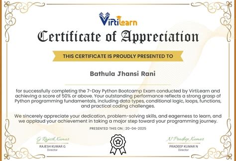 Python Bootcamp Learning Programming Virtilearn Certificate Jhansi Rani Bathula