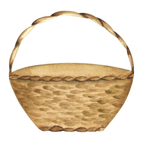 Vintage Beige Wicker Basket Isolated On White Background Watercolor