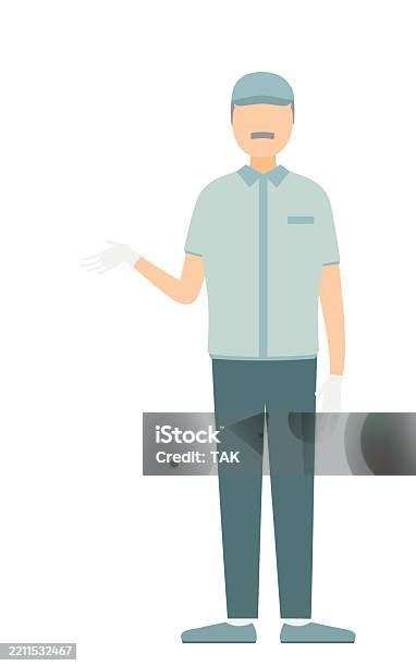 모자를 쓴 고위 노동자 남자의 간단한 그림은 몸짓으로 말합니다 가사 집안일에 대한 스톡 벡터 아트 및 기타 이미지 가사 집안일 건물 관리 서비스 고무 장갑 Istock