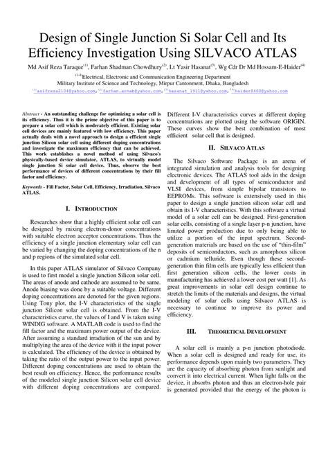 Pdf Design Of Single Junction Si Solar Cell And Its Efficiency