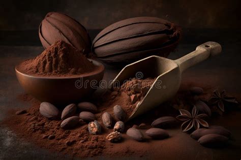 Cocoa Powder In Wooden Spoon Dark Moody Light Brown Dark Chocolate