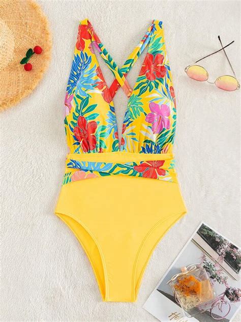 Shein Swim Vcay Tropical Print Crisscross Backless Plunging Neck One