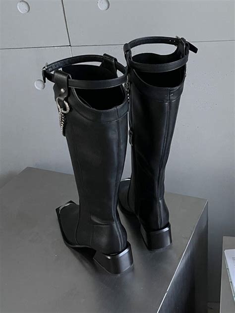 Botas Hasta La Rodilla De Mujer Cadenas Negras Tacón Grueso Botas Hasta